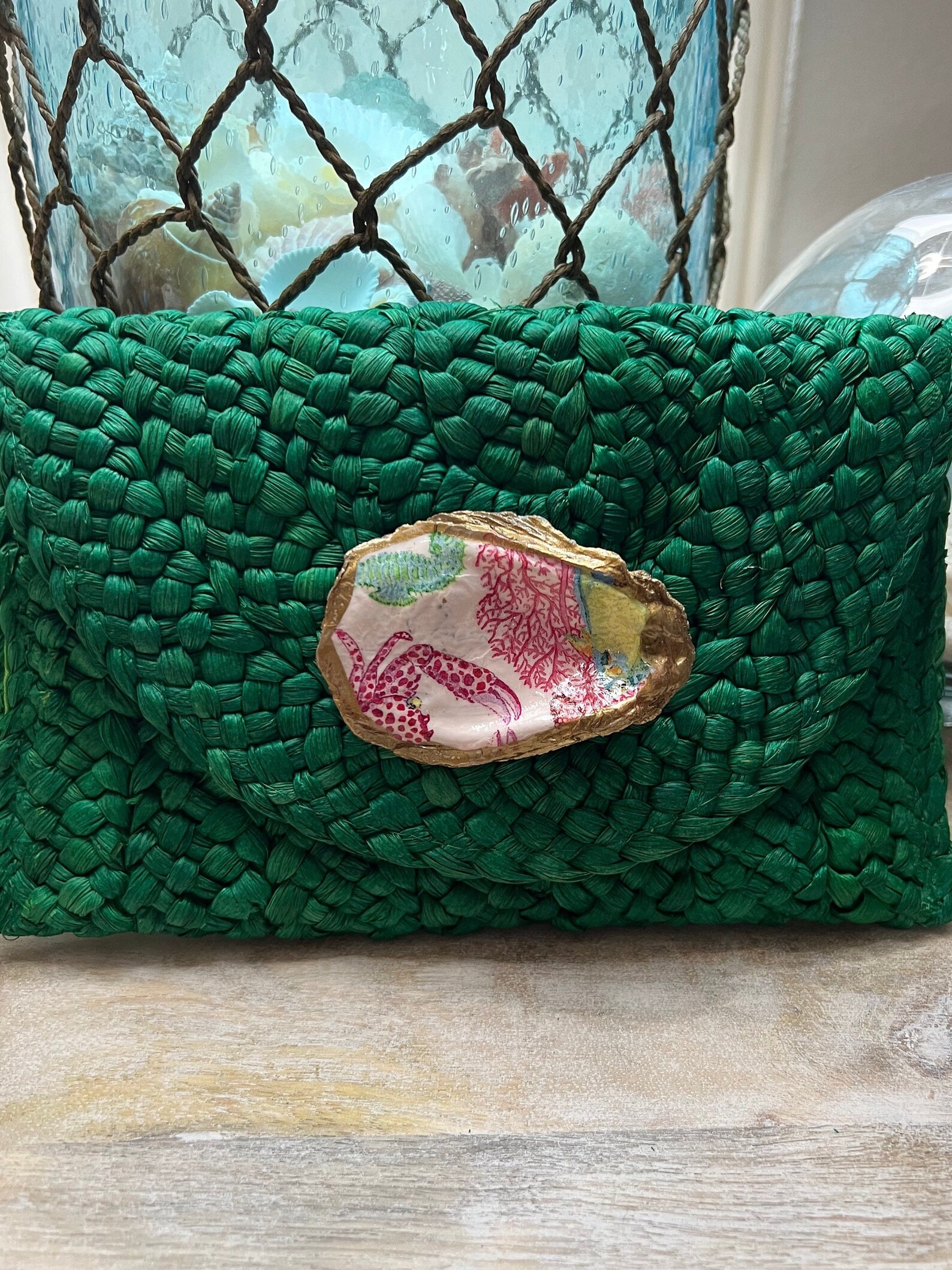 Oyster Shell Clutch Handbag Raffia Green Lilly Inspired Shell - Etsy