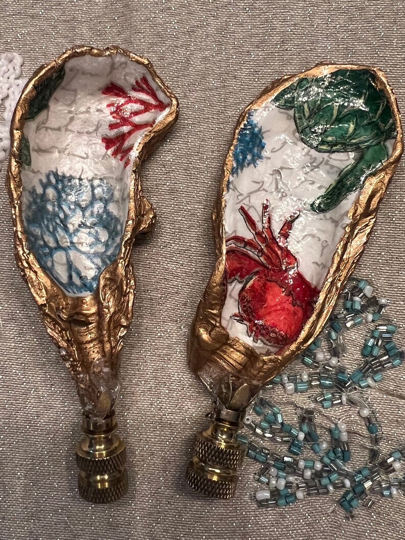 Lamp Shade Finial Set Made With Oyster Shells in Coastal Script Design ...