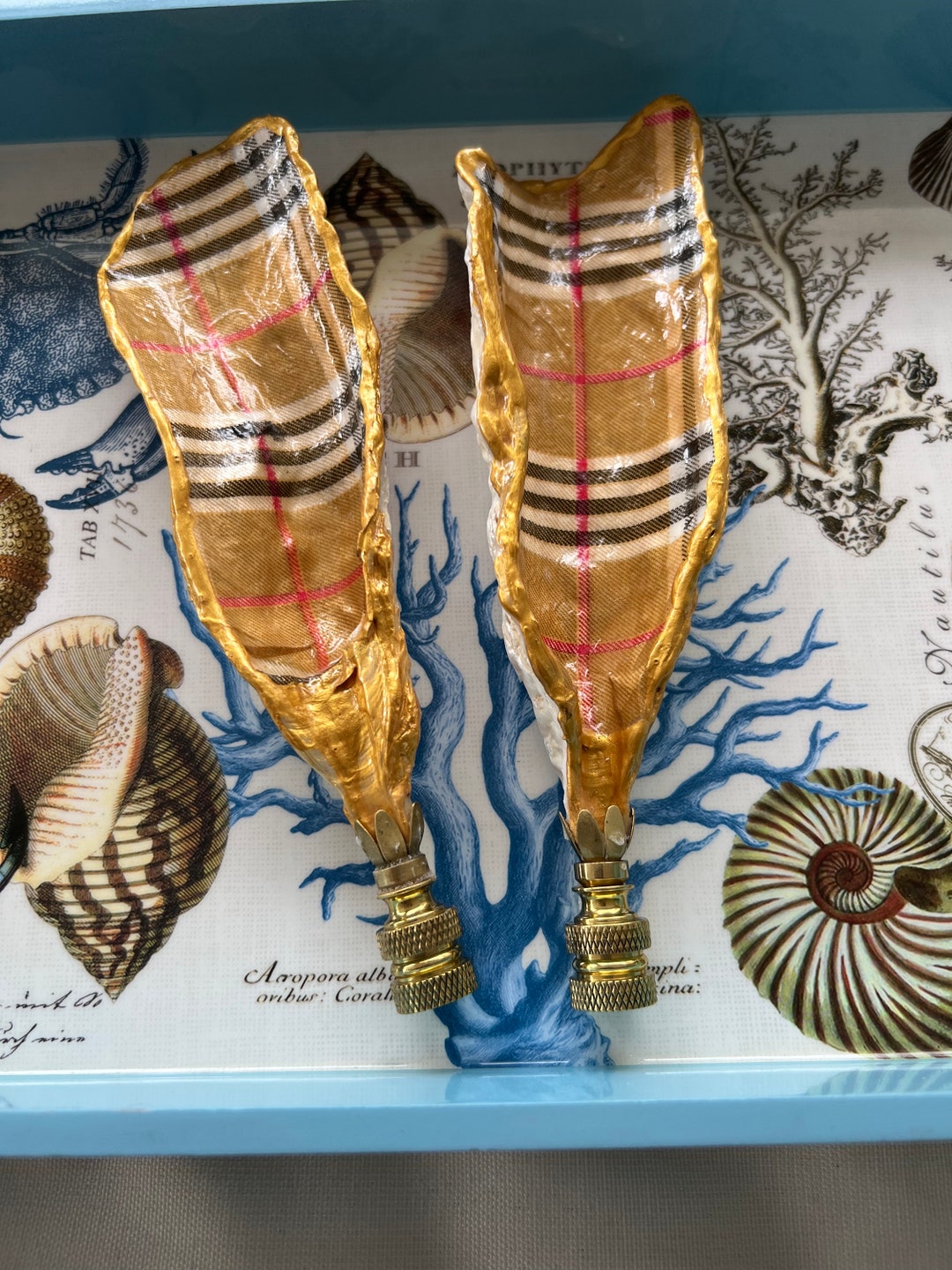 Nova Tan Plaid Lamp Shade Finial Set Made With Oyster Shells. Trimmed ...