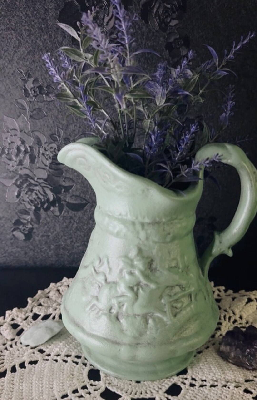 Vintage Mint Green Pitcher Vase Faux Lavender Antique Cottagecore Witch ...