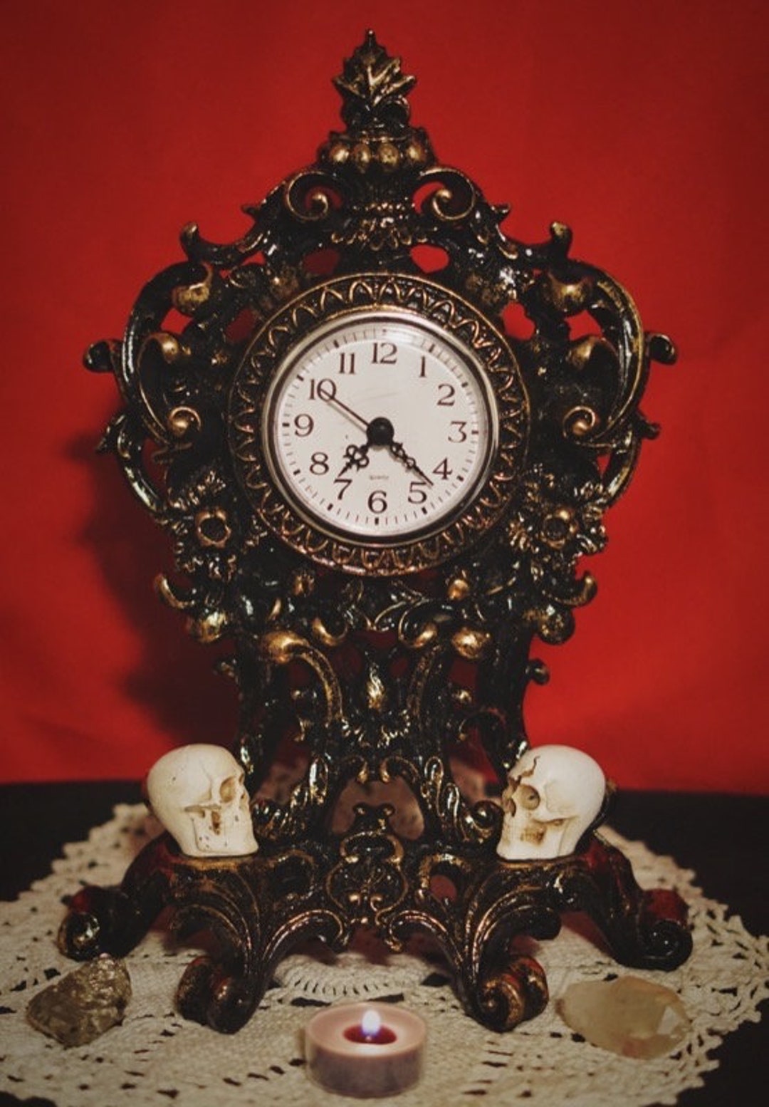 Vintage Black and Gold Skull Clock Goth Gothic Dark Home Decor Antique ...