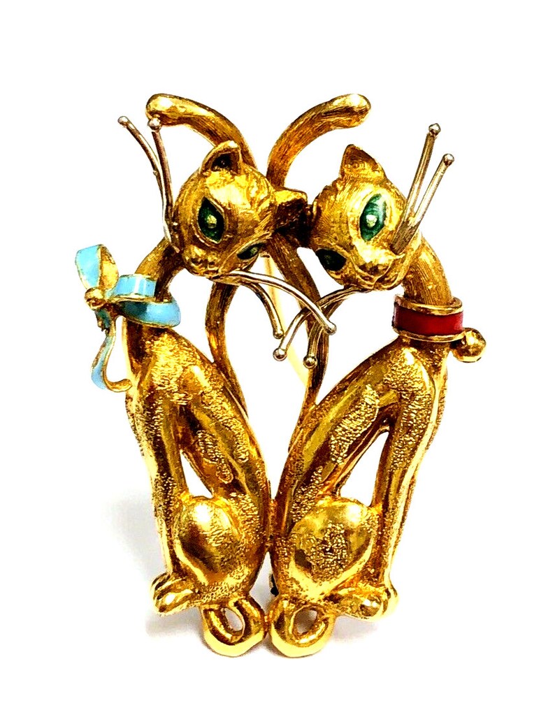 18K Yellow Gold Brooch CATS Kittens Enamel Pin Jewelry - Etsy