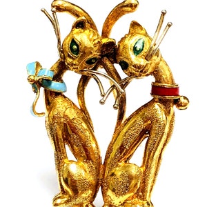 18K Yellow Gold Brooch CATS Kittens Enamel Pin Jewelry - Etsy