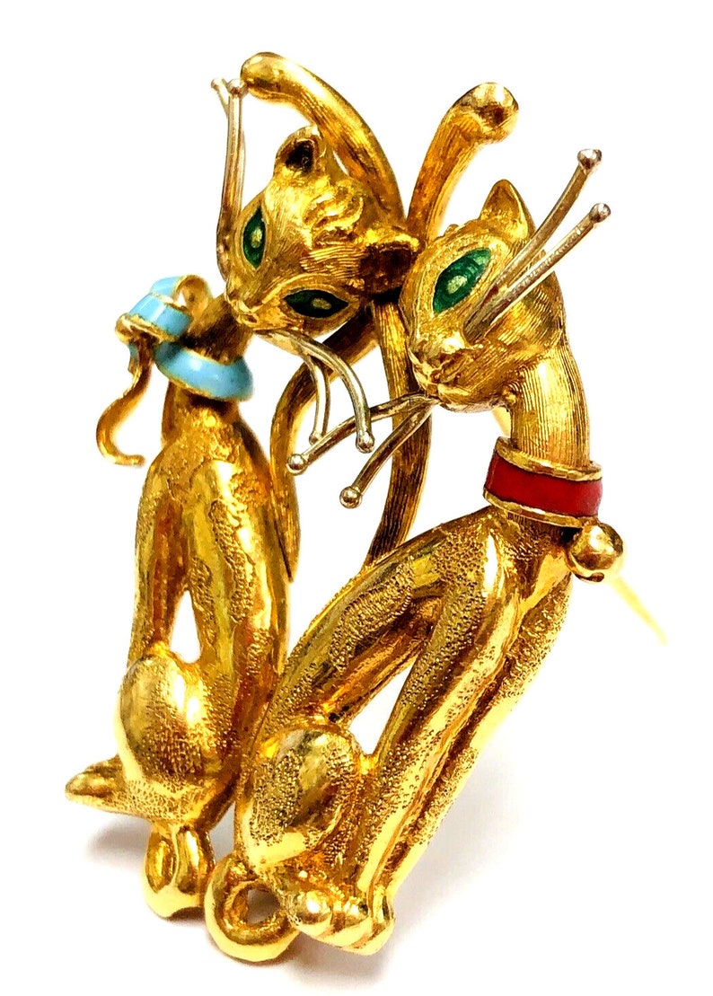 18K Yellow Gold Brooch CATS Kittens Enamel Pin Jewelry - Etsy