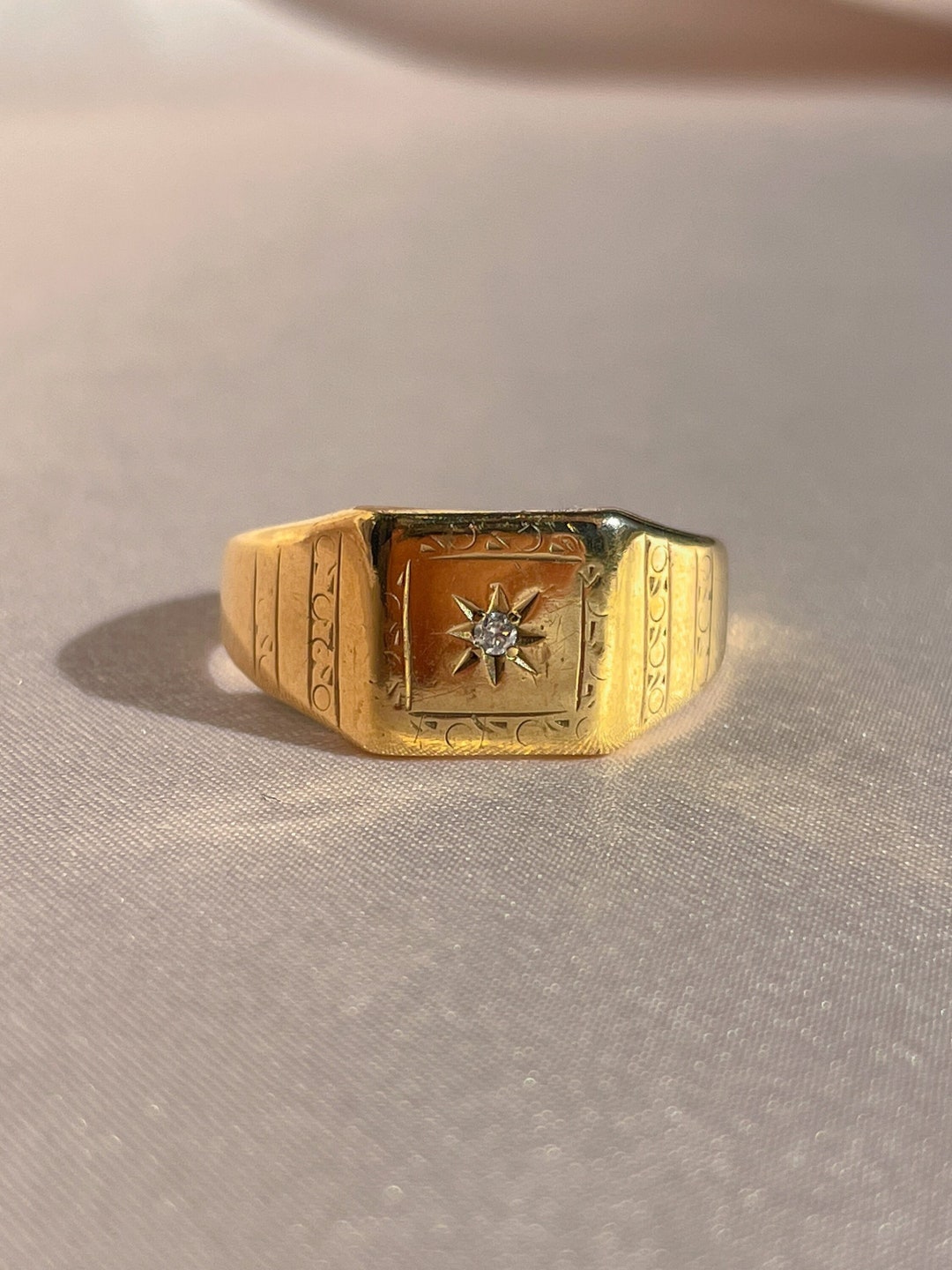 Vintage 9k Diamond Starburst Signet Ring 1970s - Etsy