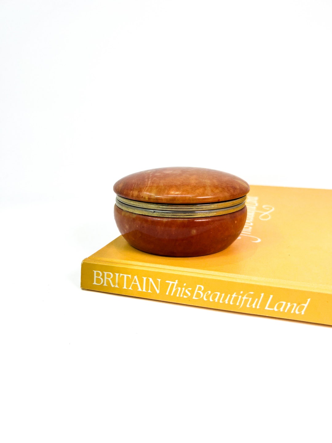 1970s Genuine Italian Burnt Orange Alabaster Jewelry Box, Brass Fitting ...