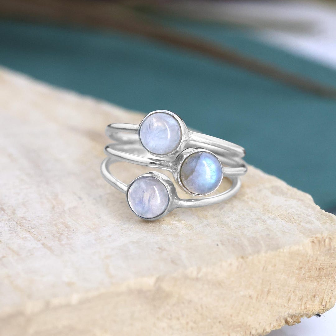 Rainbow Moonstone Ring: Trio Gemstone 925 Sterling Silver - Etsy