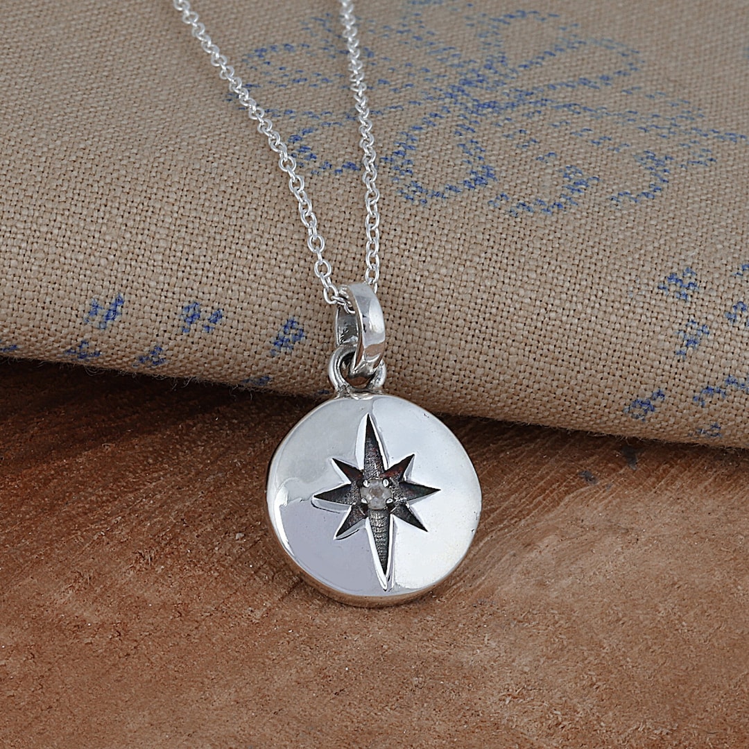 North Star Coin Necklace for Women, Quartz Pendant, 925 Sterling Silver ...