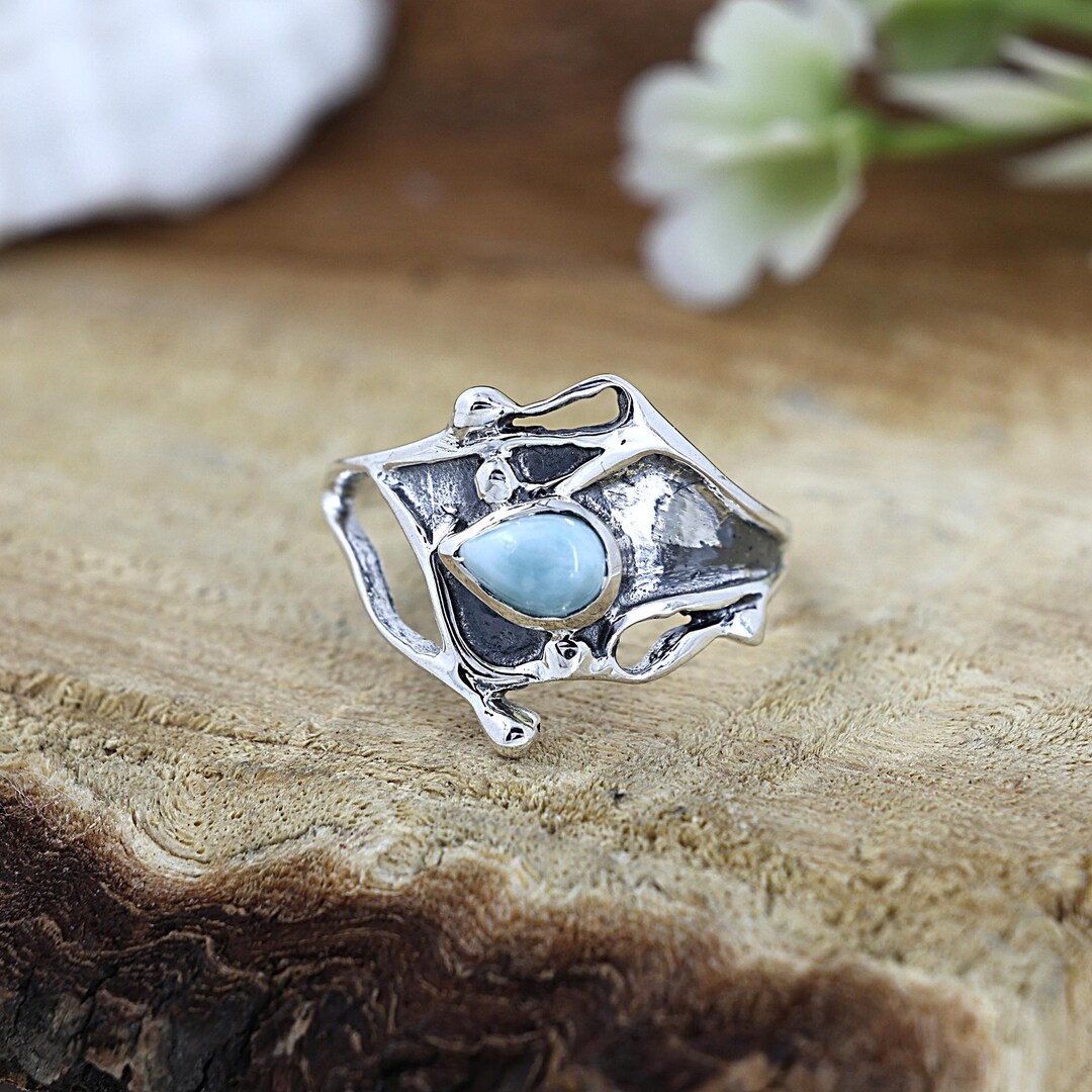 Natural Larimar Ring, 925 Sterling Silver Designer Jewelry, Stylish Oxidized Band Ring, Ocean ...