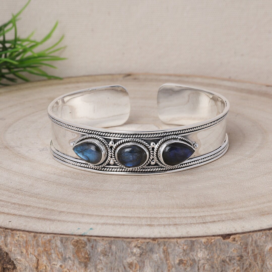 Natural Labradorite Cuff Bangle: 925 Sterling Silver Boho Jewelry for ...