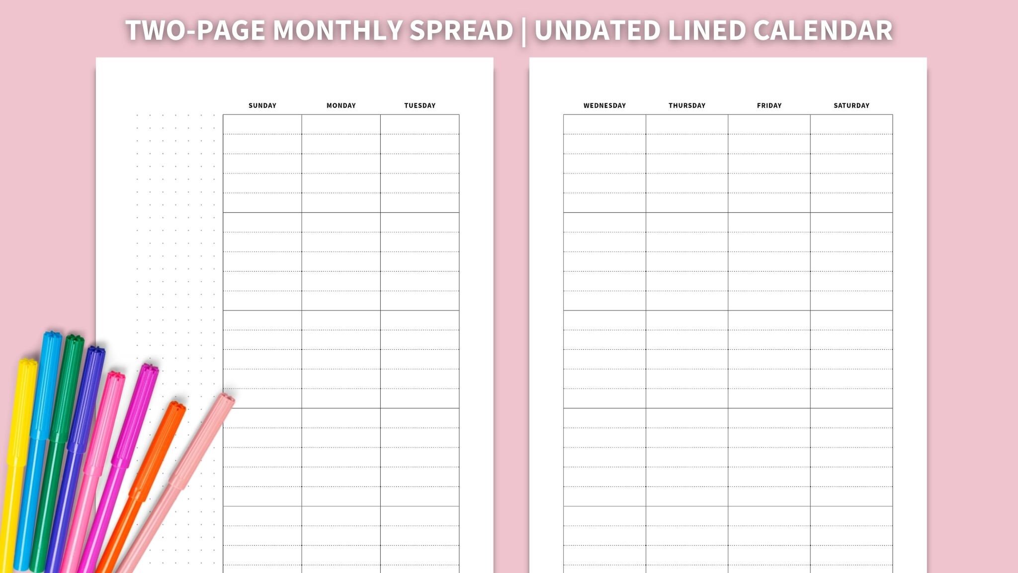 Undated Monthly Planner Printable, Month on Two Pages, Month at a ...