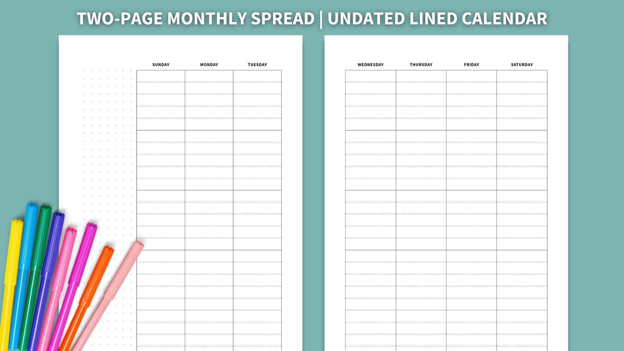 Undated Monthly Planner Printable, Month on Two Pages, Month at a ...