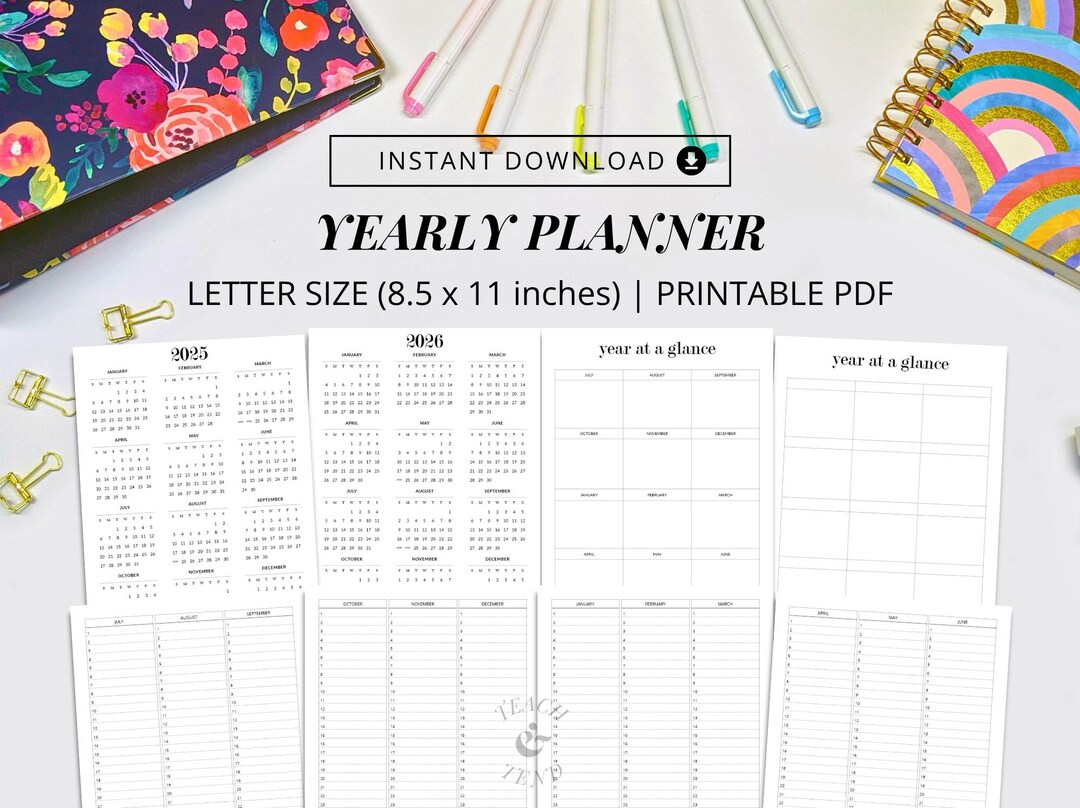 Yearly Planner 2025 2026 Year at a Glance Perpetual Calendar Letter ...