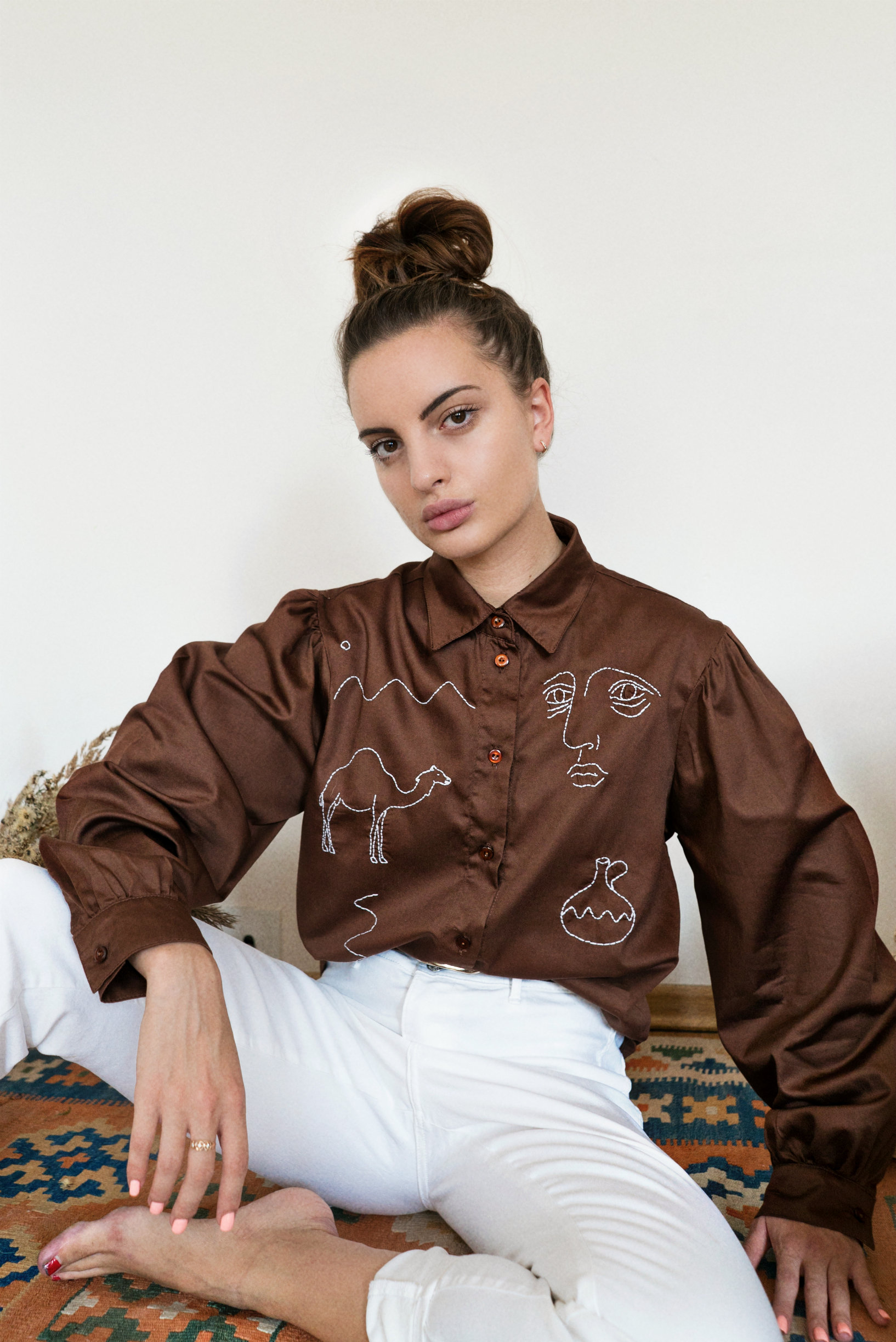Hand Embroidered Brown Shirt With Puff Sleeves - Etsy