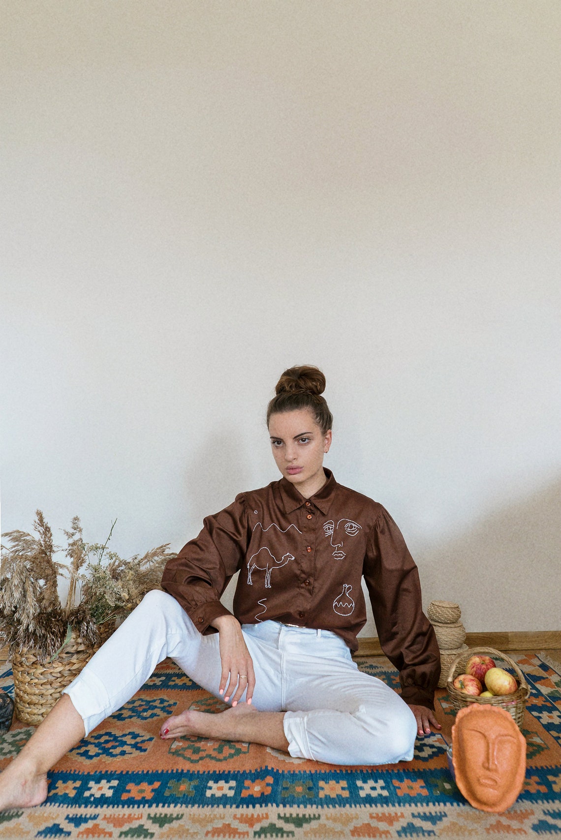 Hand Embroidered Brown Shirt With Puff Sleeves - Etsy