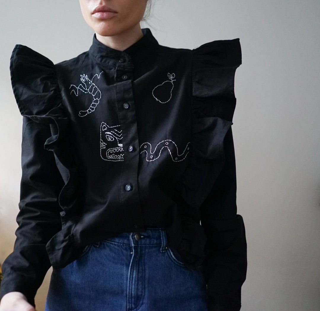 Hand Embroidered Black Cowboy Blouse - Etsy