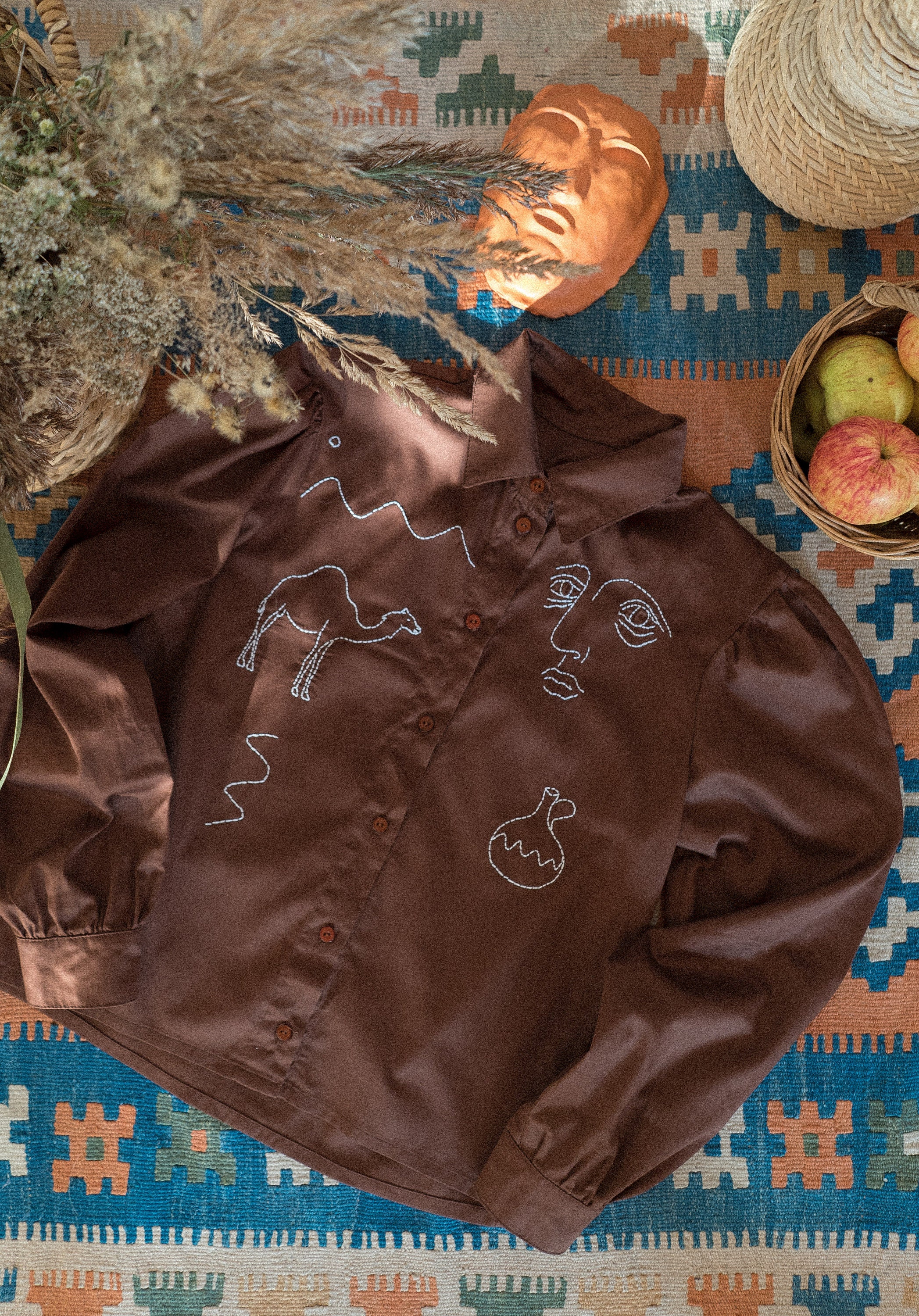 Hand Embroidered Brown Shirt With Puff Sleeves - Etsy