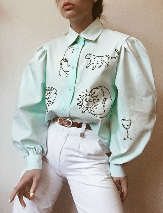 Hand Embroidered Mint Cotton Shirt With Puff Sleeves - Etsy