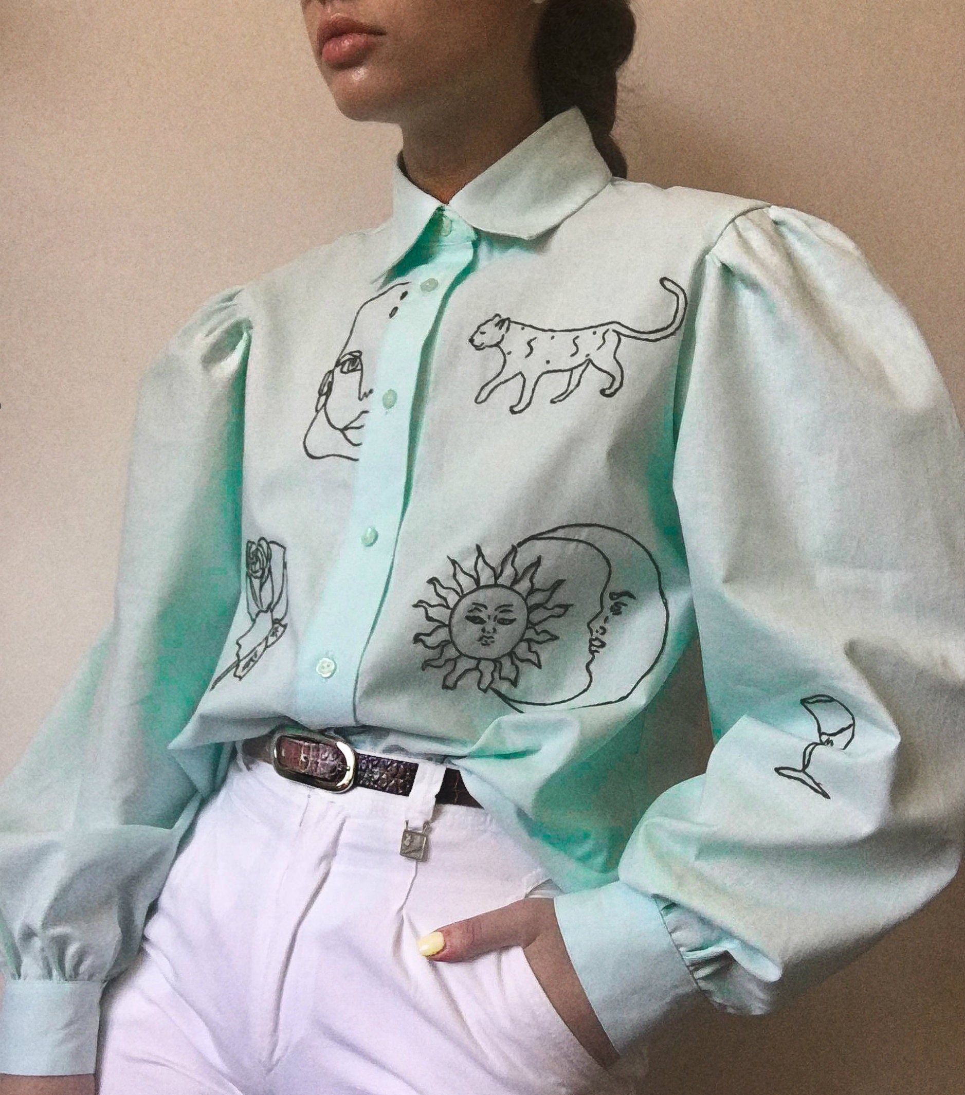 Hand Embroidered Mint Cotton Shirt With Puff Sleeves - Etsy