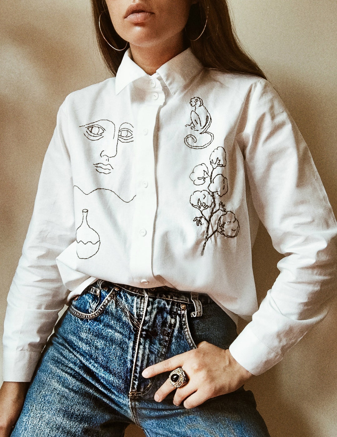 Hand Embroidered White Classic Cut Shirt - Etsy