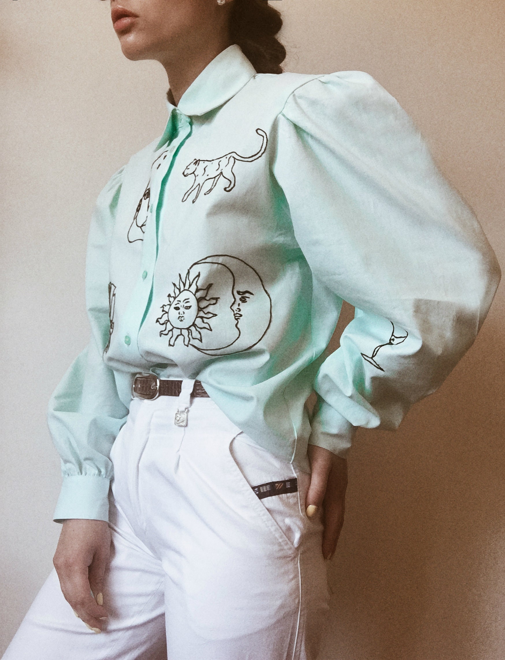 Hand Embroidered Mint Cotton Shirt With Puff Sleeves - Etsy