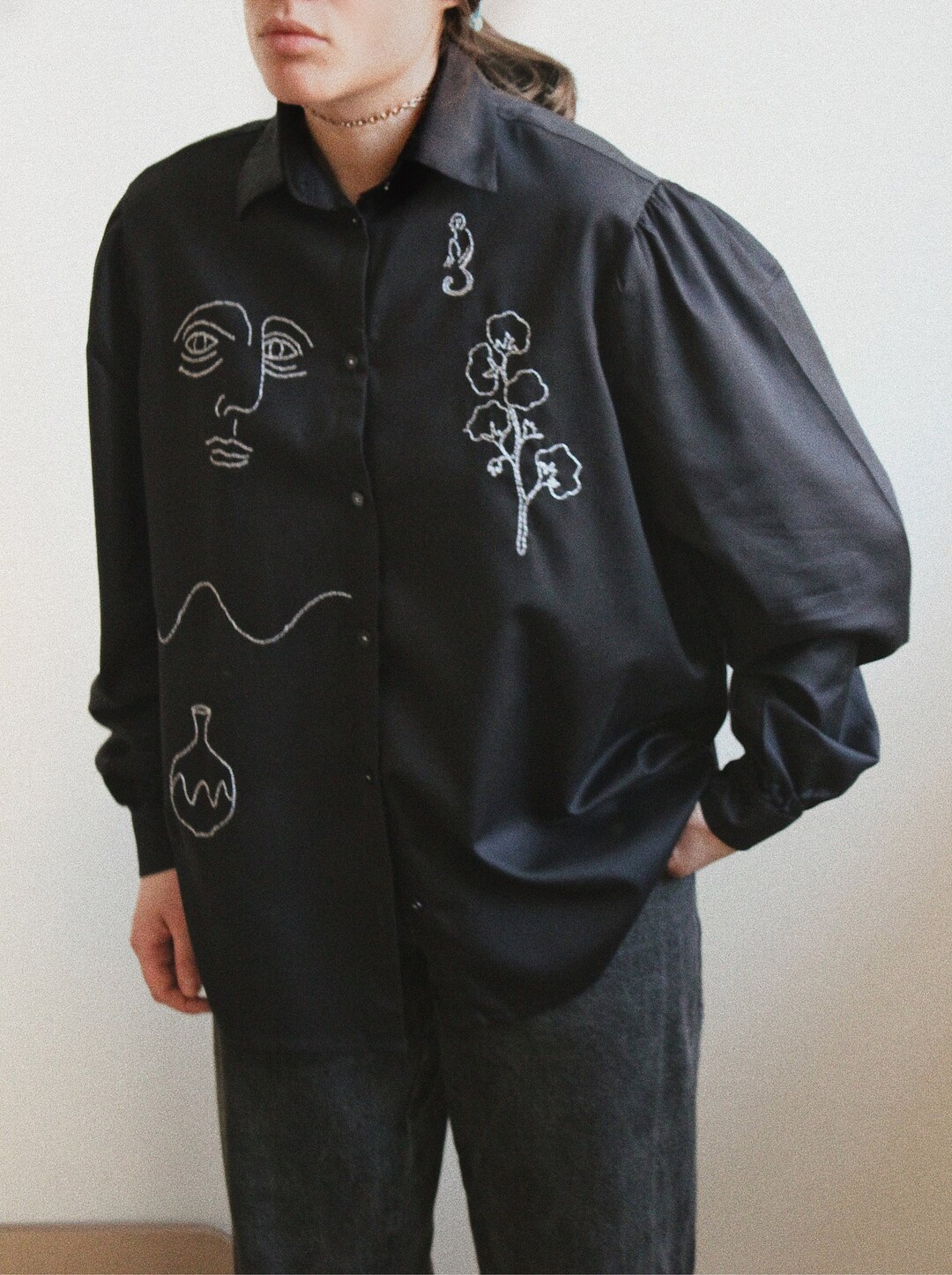 Hand Embroidered Cotton Blouse With Puff Sleeves in Black - Etsy