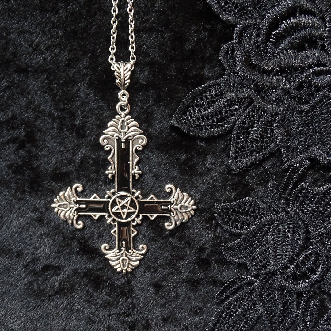 Silver Necklace With a Large Inverted Cross Black and Silver Satanic ...