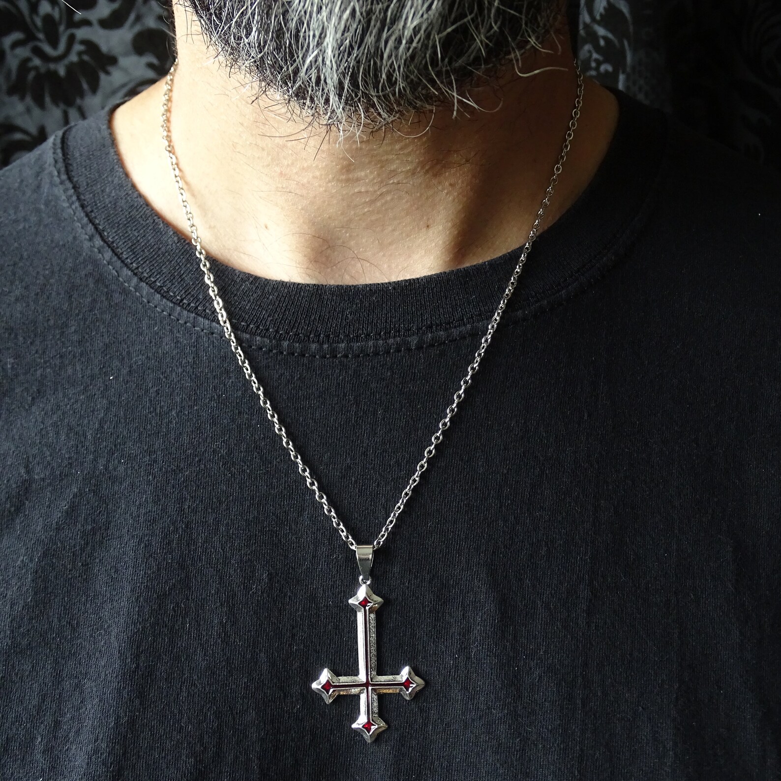 Silver Necklace With an Inverted Cross in Red and Antique Silver ...