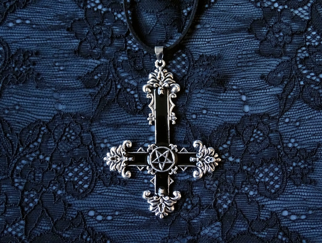 Black Leather Strap With a Large Inverted Cross in Black and Silver ...