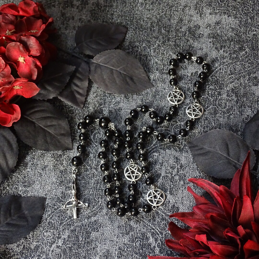 CUSTOMIZABLE Black Rosary With an Antique Silver Reverse Crucifix ...
