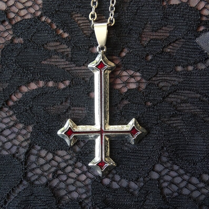 Silver Necklace With an Inverted Cross in Red and Antique Silver ...