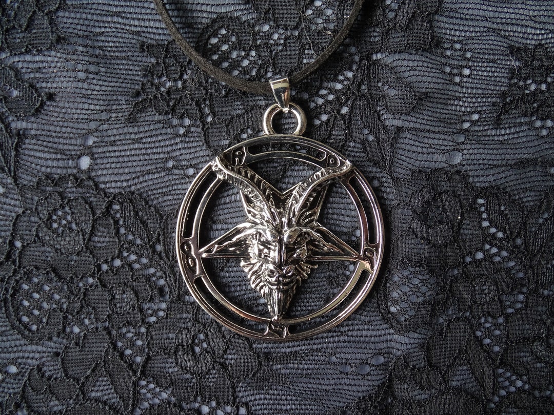 Black Leather Strap With Large Silver Pentagram, Baphomet Witch's Foot ...