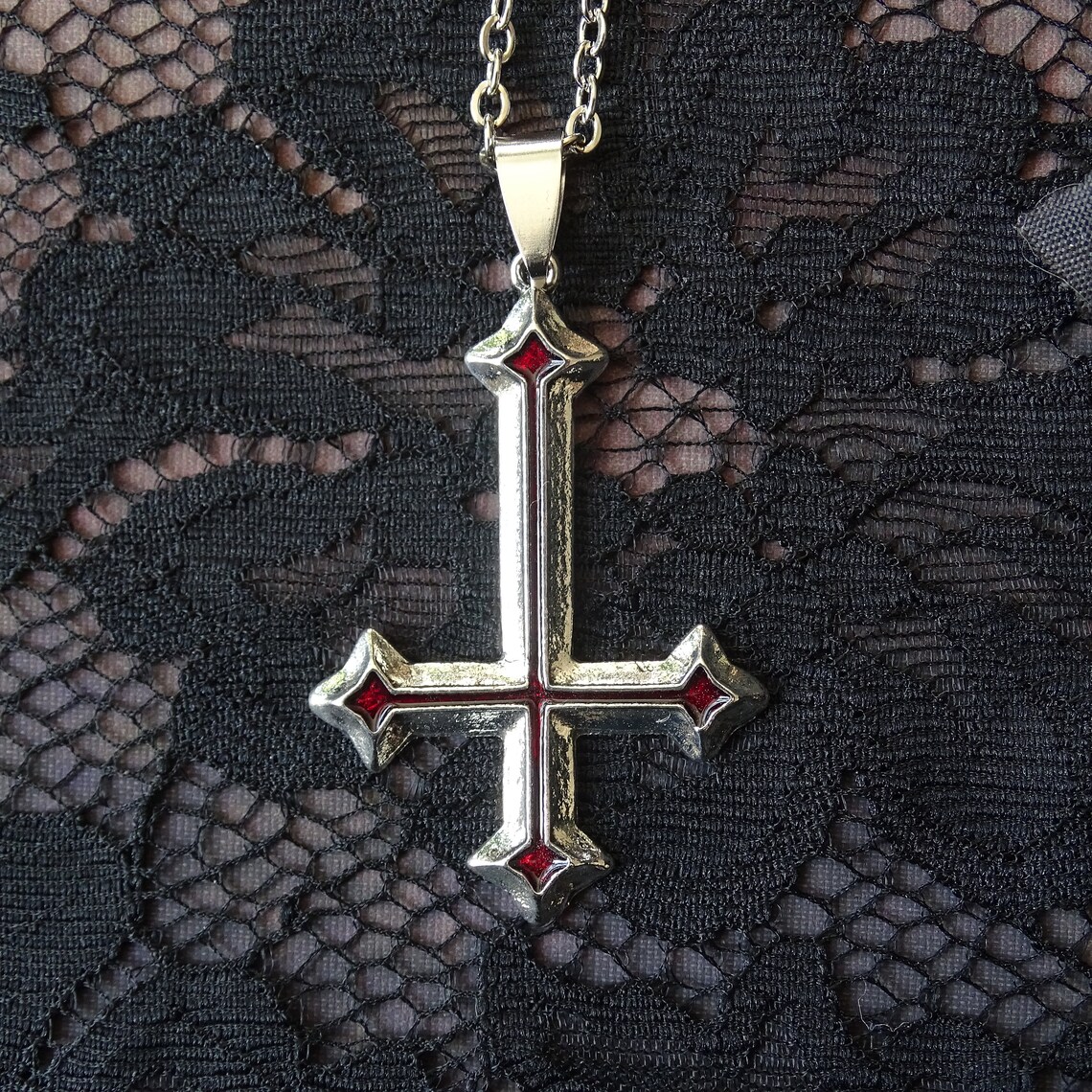 Silver Necklace With an Inverted Cross in Red and Antique Silver ...