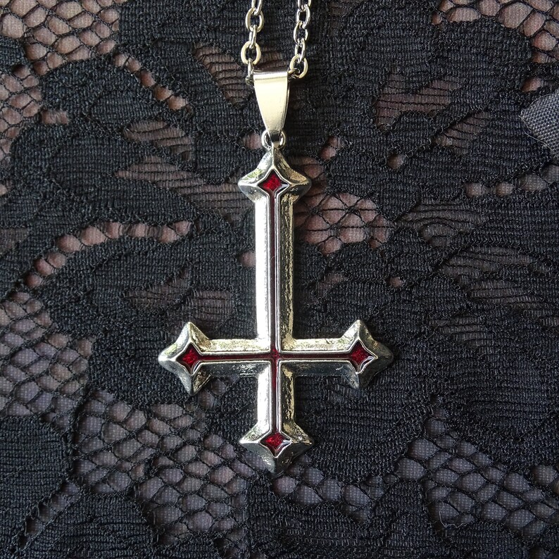 Silver Necklace With an Inverted Cross in Red and Antique Silver ...