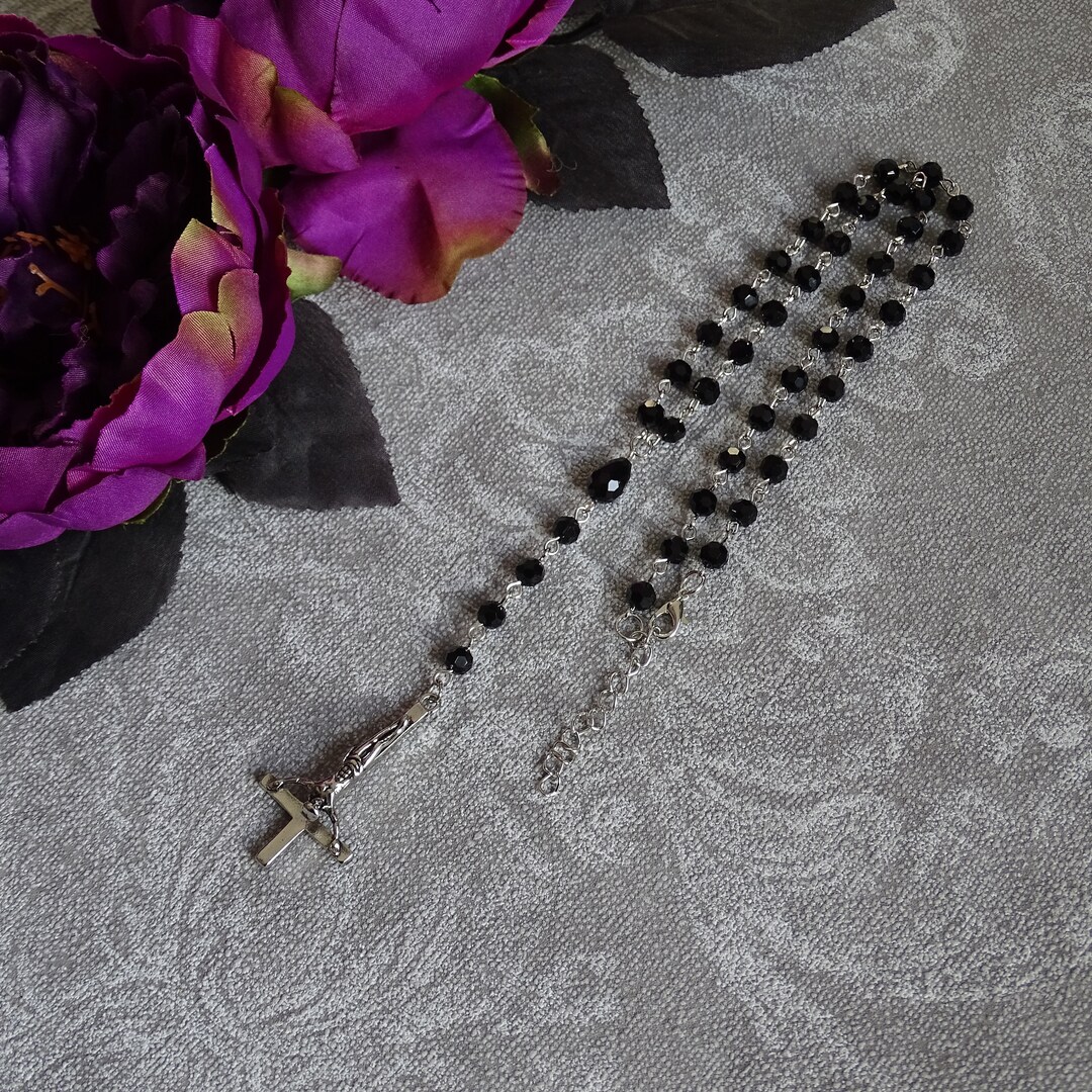 Black Beaded Necklace With Inverted Crucifix, Silver Cross, Faceted ...