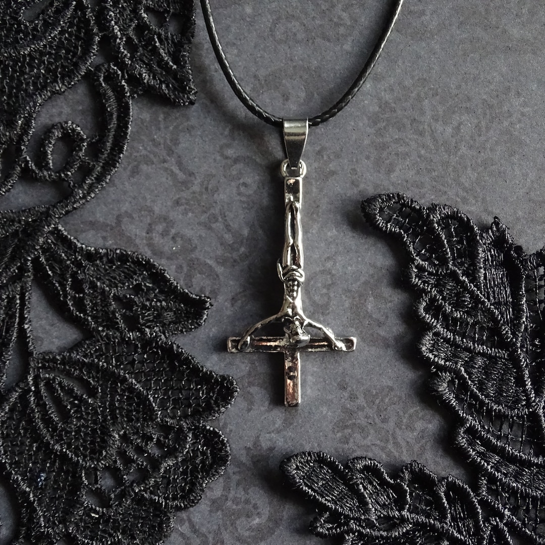 Black Necklace With a Silver Inverted Crucifix, Inverted Cross, Satanic ...