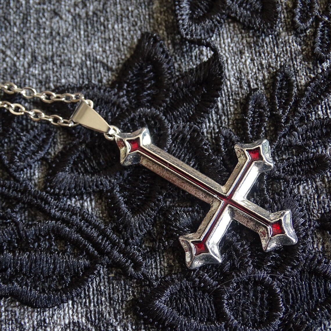 Silver Necklace With an Inverted Cross in Red and Antique Silver ...