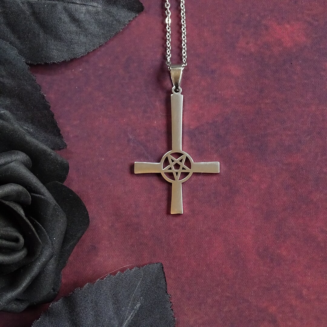 Silver Necklace With an Inverted Cross With Pentagram Made of Stainless ...