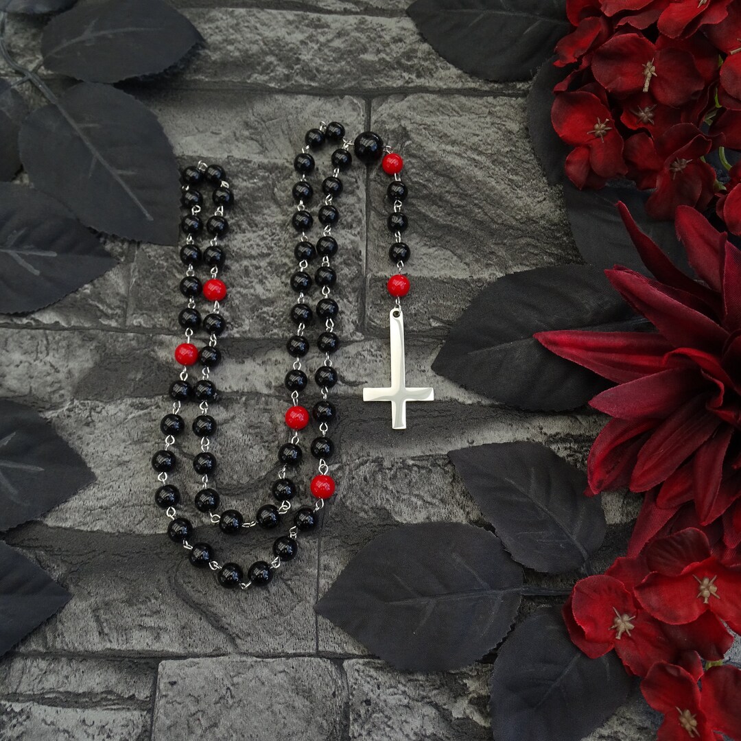 Black and Red Rosary With an Inverted Cross Made of Stainless Steel ...