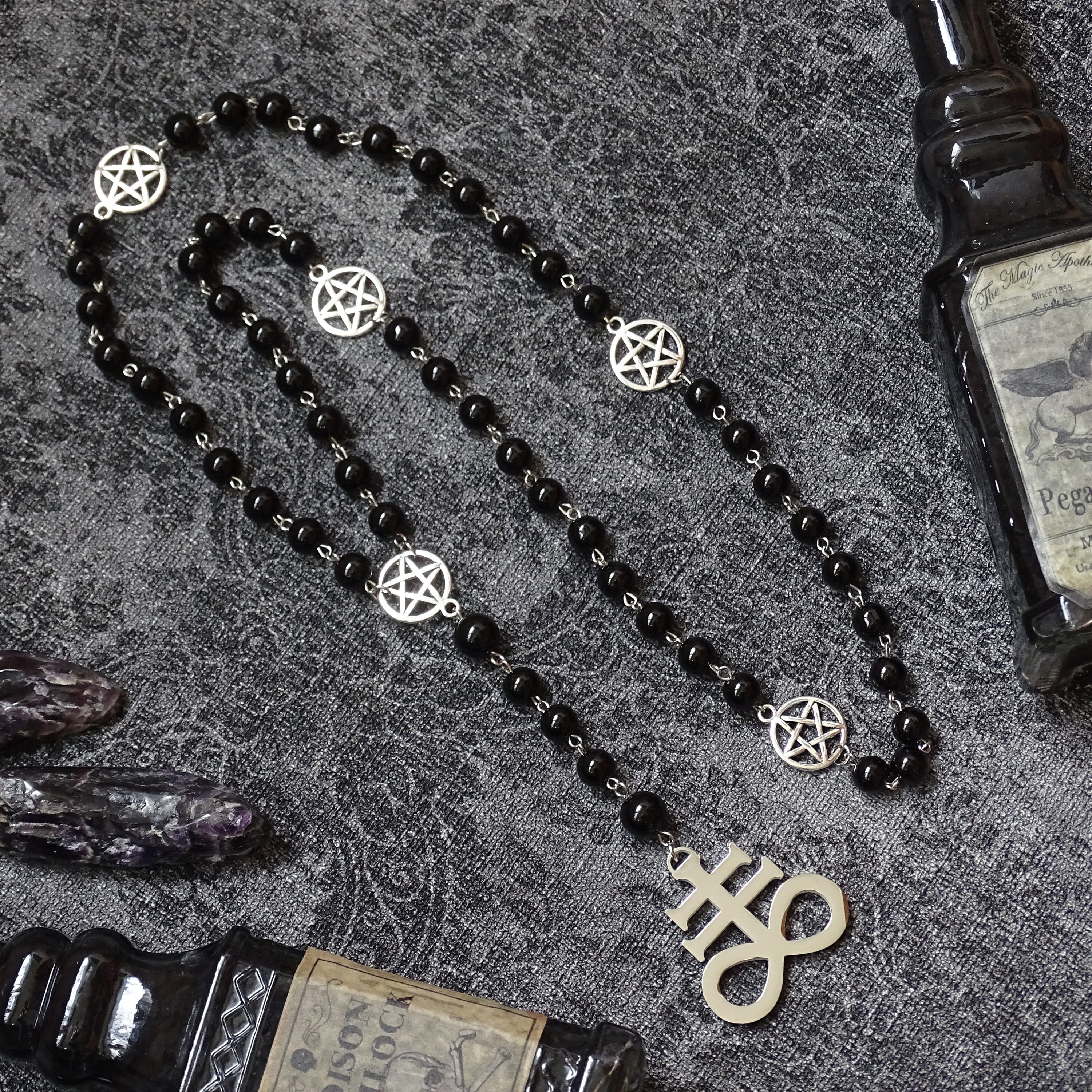 CUSTOMIZABLE Black Rosary With Stainless Steel Leviathan Cross and ...