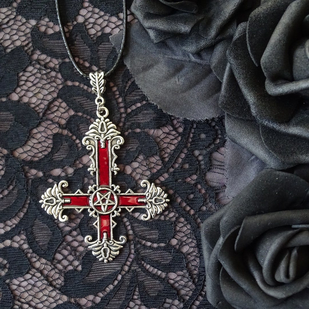 Black Necklace With a Large Inverted Cross in Red and Silver, Satanic ...