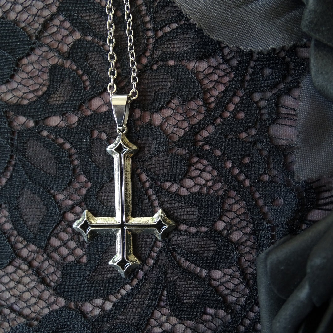 Silver Necklace With an Upside Down Cross in Black and Antique Silver ...