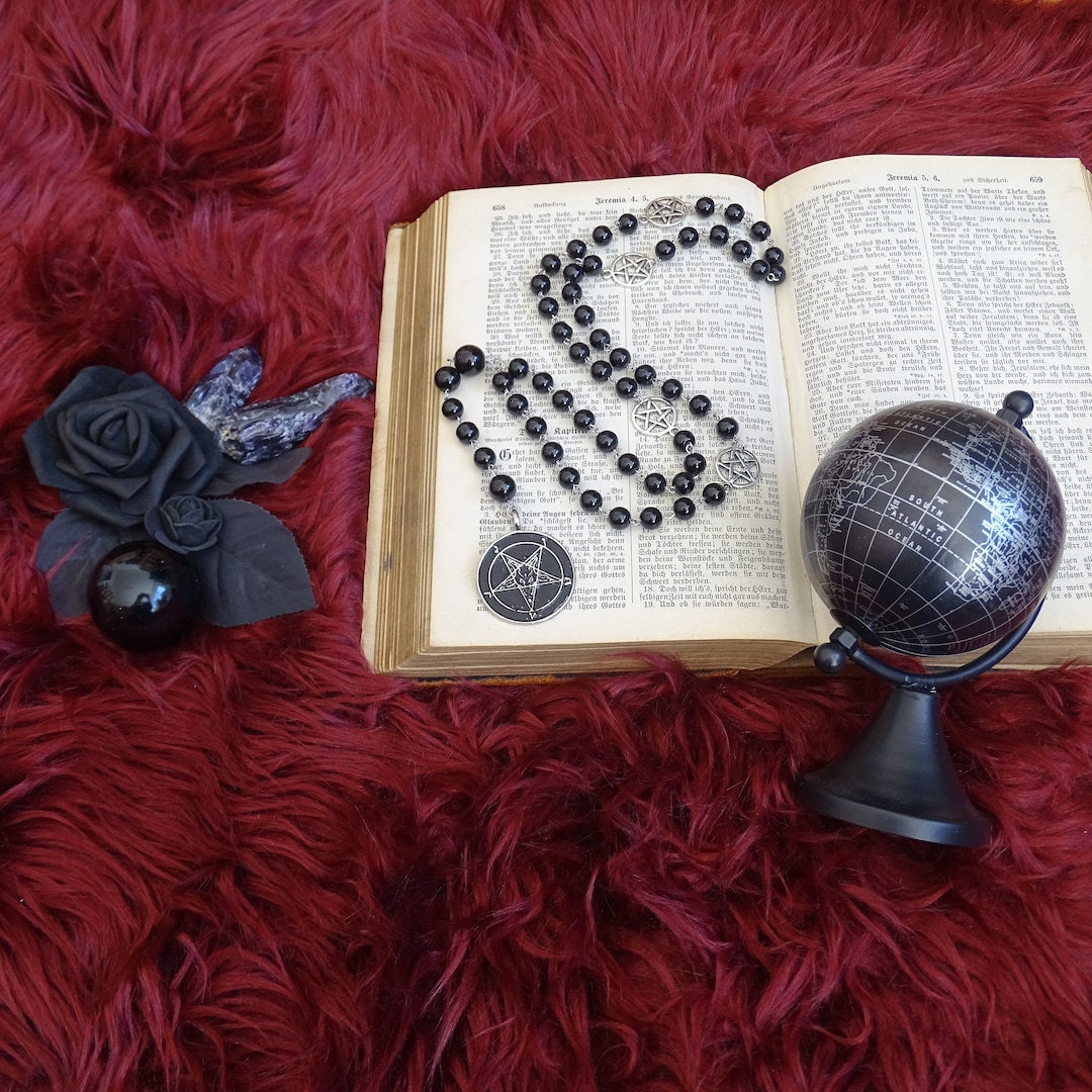PERSONALIZED Black Rosary With the Seal of Baphomet, Satanic Necklace ...
