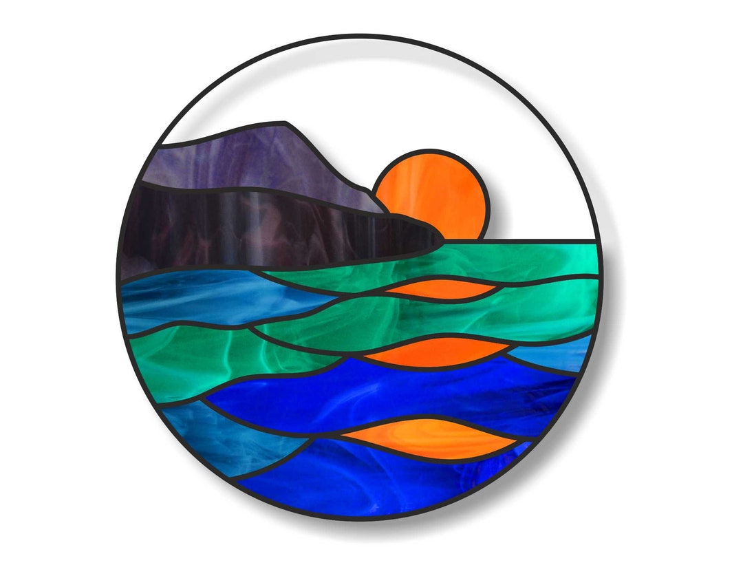 Sunset Sea Stained Glass Pattern: Landscape Suncatcher Template ...