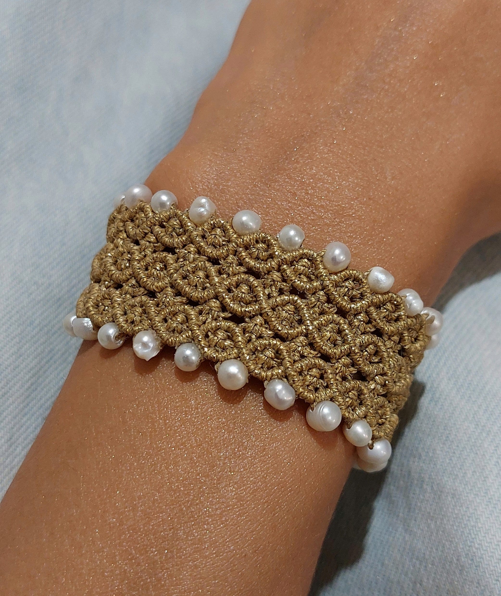 Gold Macrame Bracelet With Freshwater White Pearls,macrame Bracelet ...