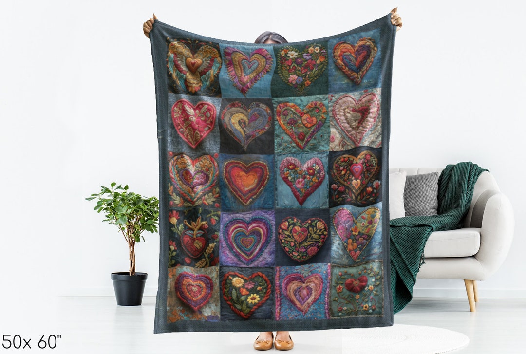 Hearts Patchwork Look Blanket: Plush Fleece Soft Throw, Printed-on ...