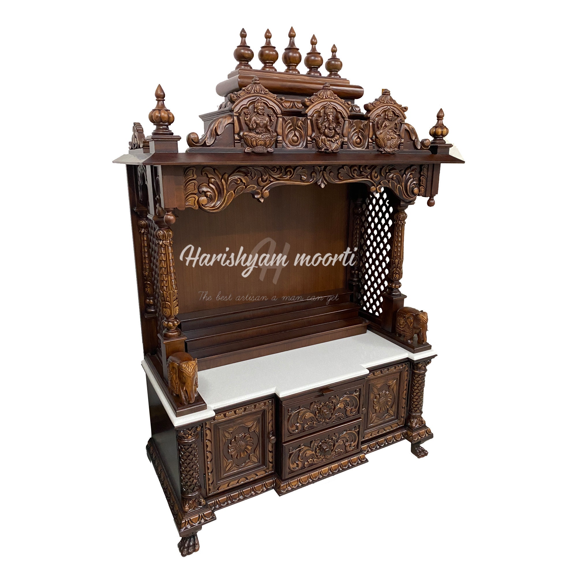 Pooja Wooden Temple in Teak Wood With Double Steps & Drawers Pooja ...