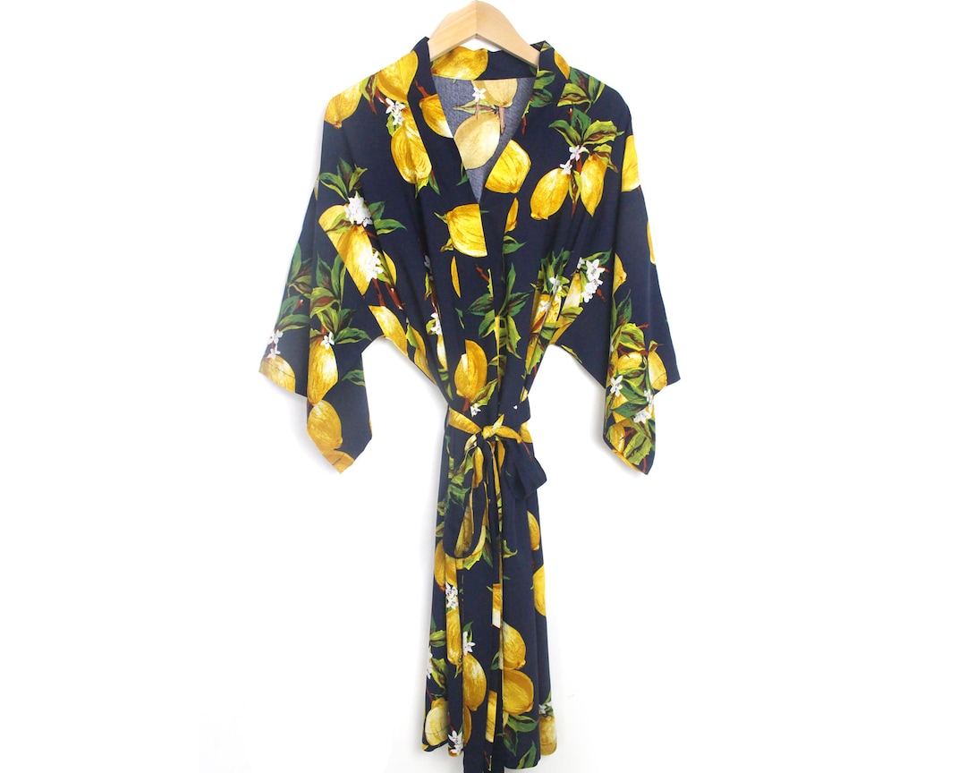 Navy Yellow Lemon Robe Women Kimono Robe -bridesmaid Lace Robe ...