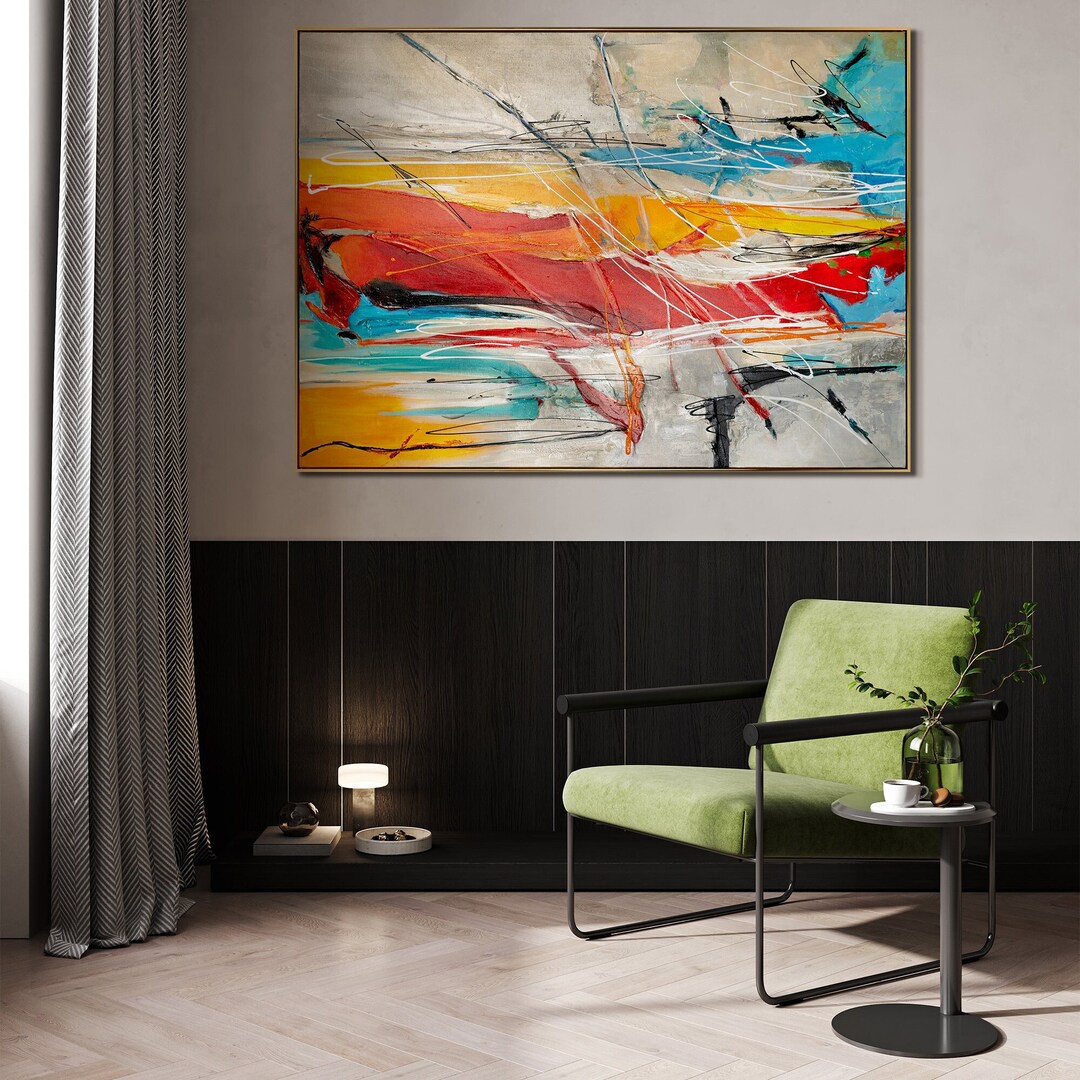 Bright Abstract Painting With Frame, Hand Painted Modern Home Decor ...