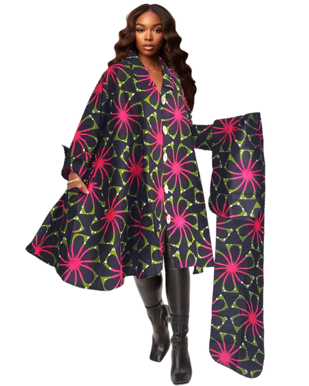 African Print Woman Long Tunic Hi Low Swing Maxi Shirt Dress / Ruffle ...